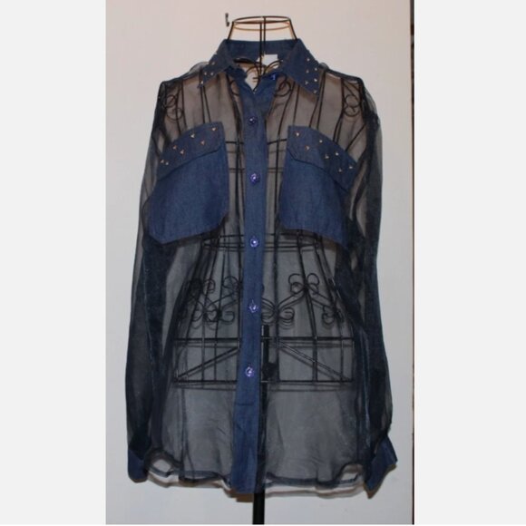 Rio | Tops | Sheer Blouse Button Front Top Rhinestone Shirt Rio L Xl ...